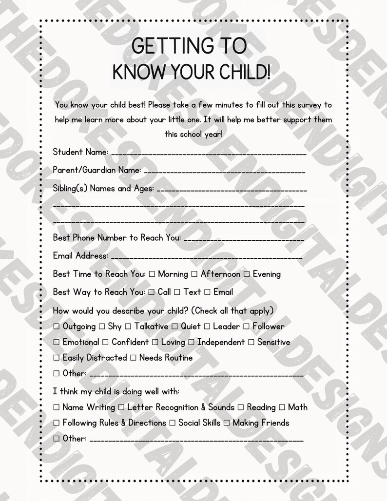 Back to School Parent Survey Printable: Getting to Know Your Student ...