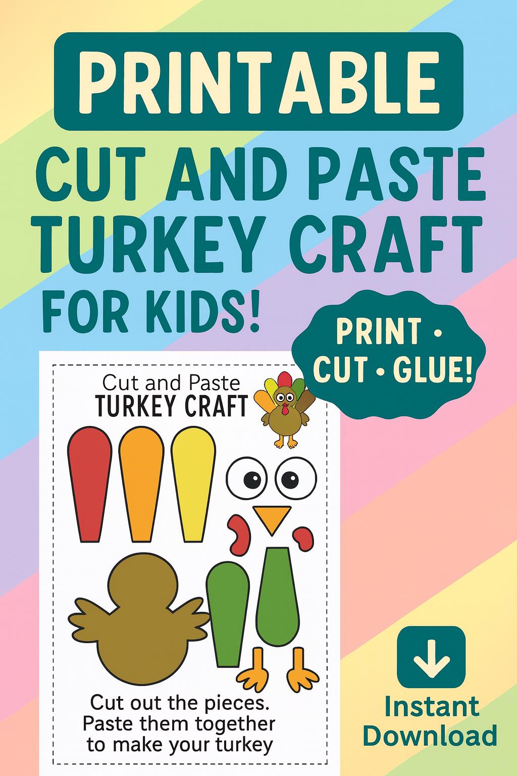 Printable Turkey Craft: Thanksgiving Cut and Paste Activity (digital ...