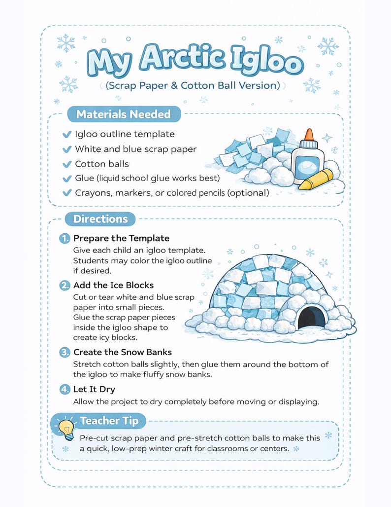 My Arctic Igloo Craft – Winter Scrap Paper & Cotton Ball Activity - Etsy