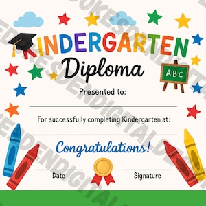 Printable Kindergarten Graduation Diploma Certificate | Digital ...