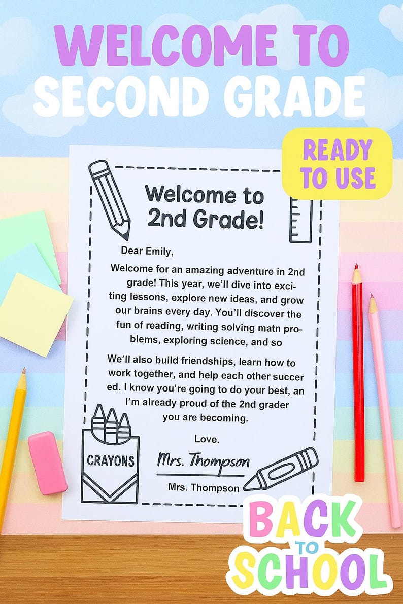 2nd Grade Welcome Letter: Back to School Note for Students (PDF or PNG ...