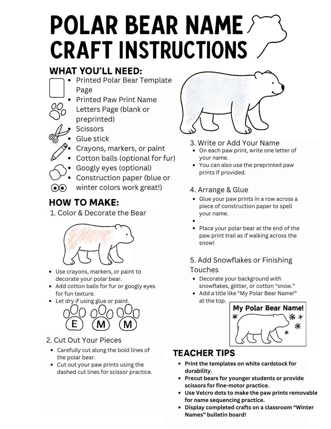 Polar Bear Name Craft | Winter Animal Activity for Preschool, Daycare ...