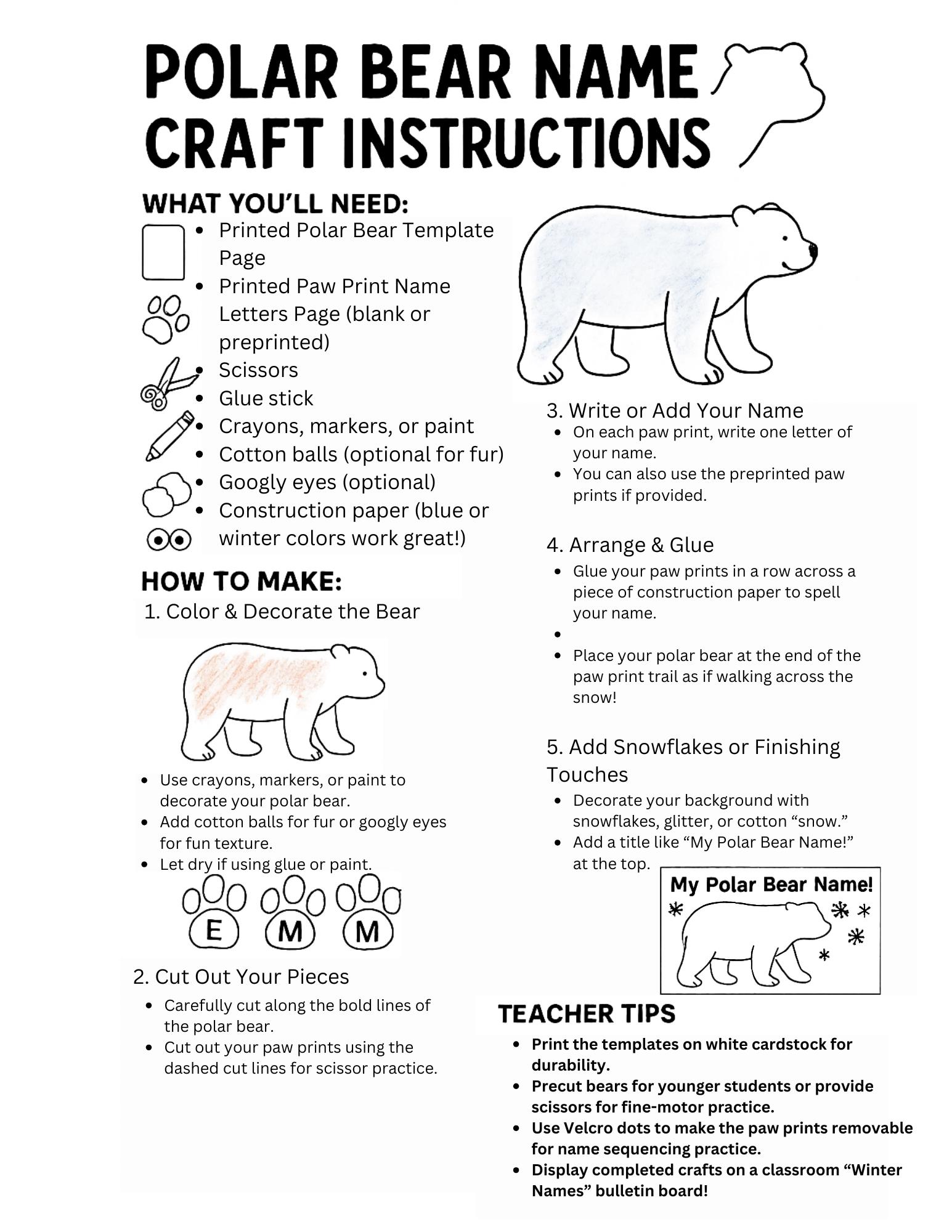 Polar Bear Name Craft | Winter Animal Activity for Preschool, Daycare ...