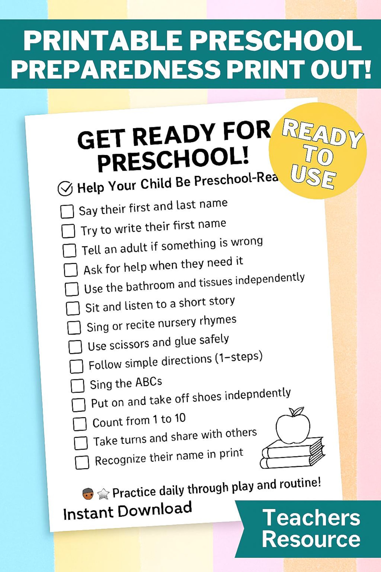Preschool Readiness Checklist Printable: Teacher Resource (US Letter ...