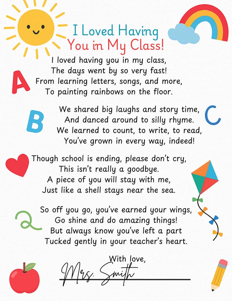 Teacher End of Year Poem – Printable Goodbye Gift (PDF Download) - Etsy
