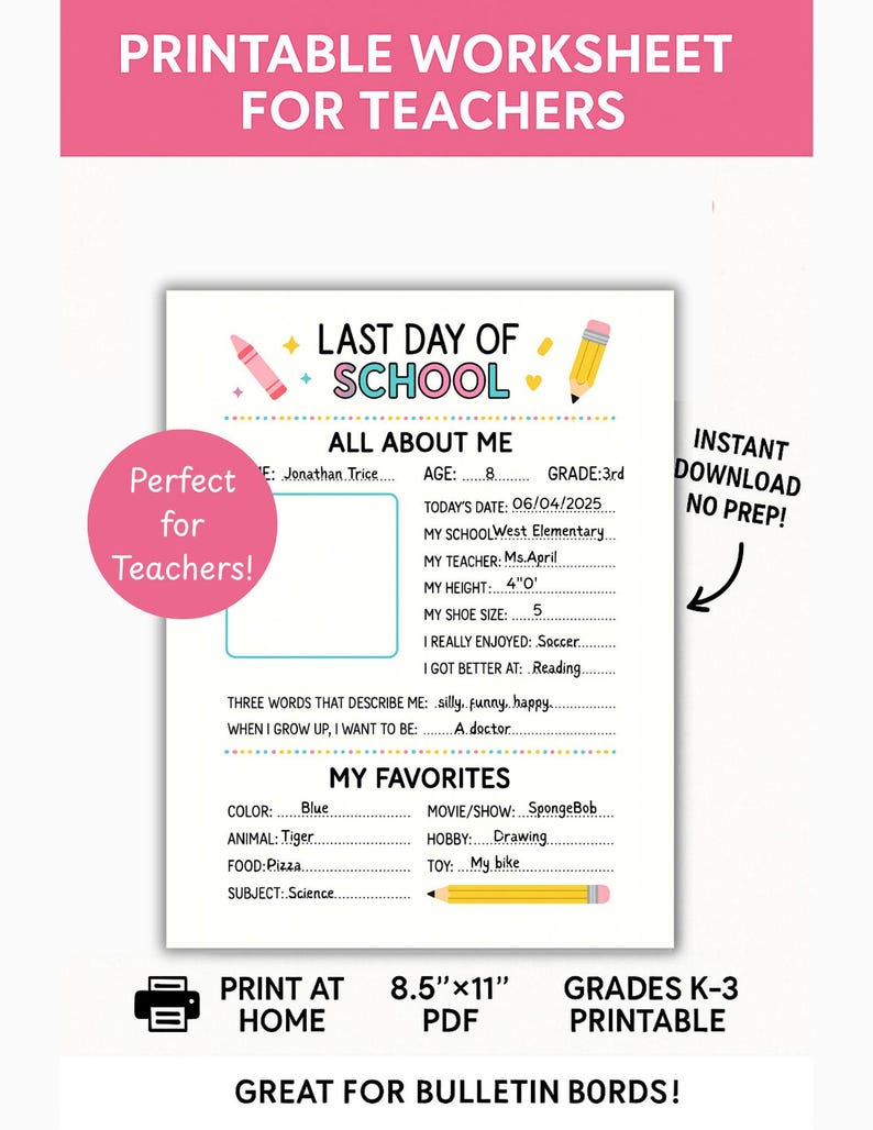 Last Day of School Worksheet: Printable Memory Page (PDF Download) - Etsy