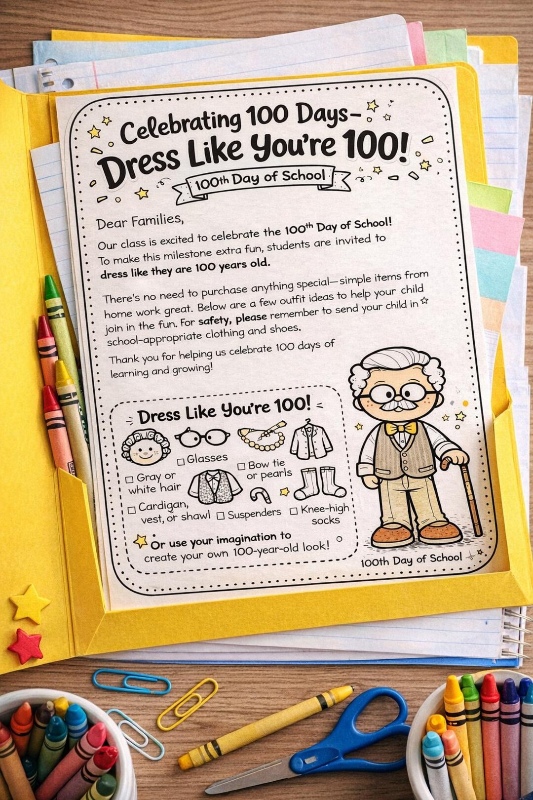 100th Day of School Dress Like You’re 100 Handout | Classroom Parent ...