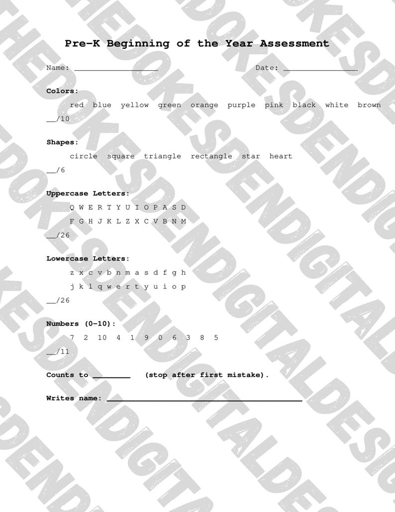 Pre-k Assessment Worksheet: Beginning of Year Printable (instant ...