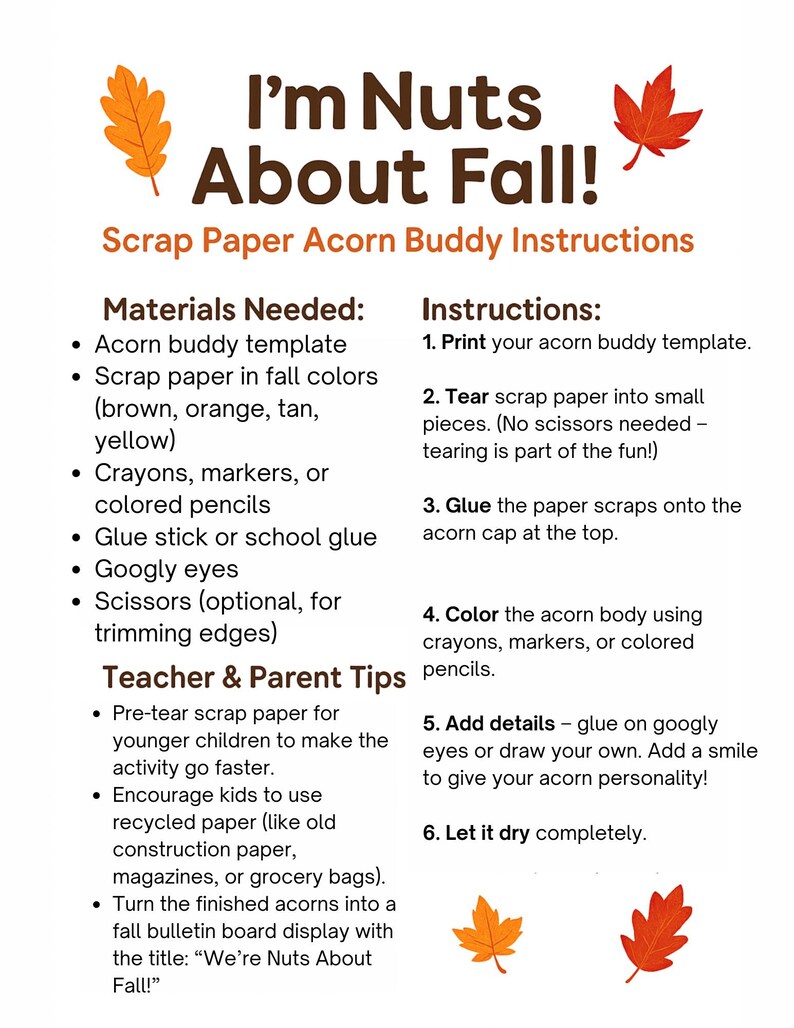 Fall Acorn Buddy Craft Printable – Low Prep Autumn Activity for ...