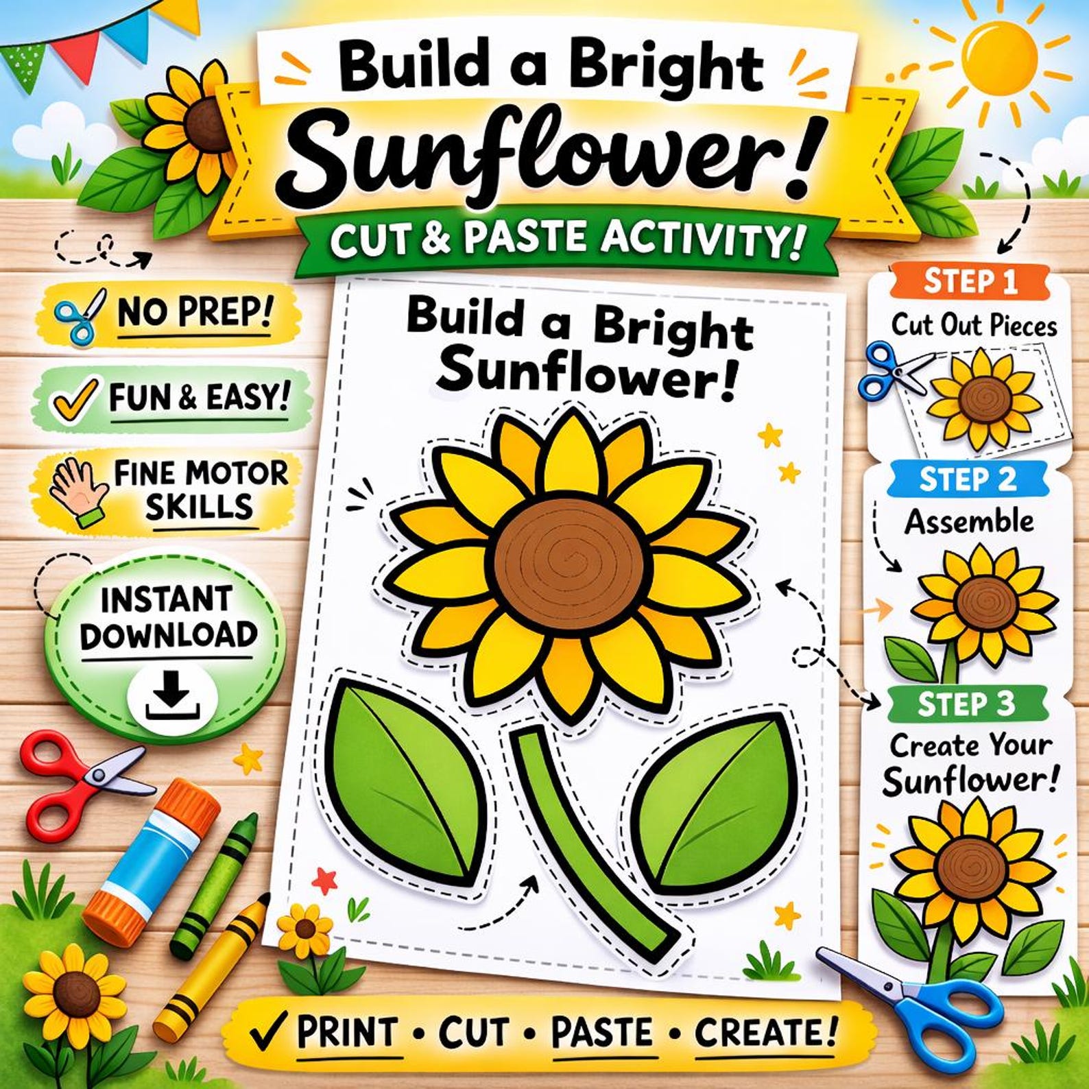 Sunflower Cut and Paste Craft Printable | Spring Flower Activity ...