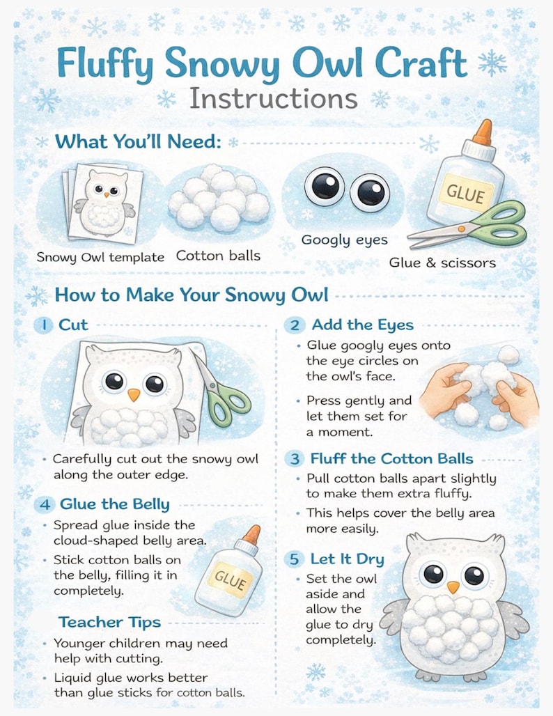 Fluffy Snowy Owl Cotton Ball Craft | Winter Animal Art Project for Kids ...
