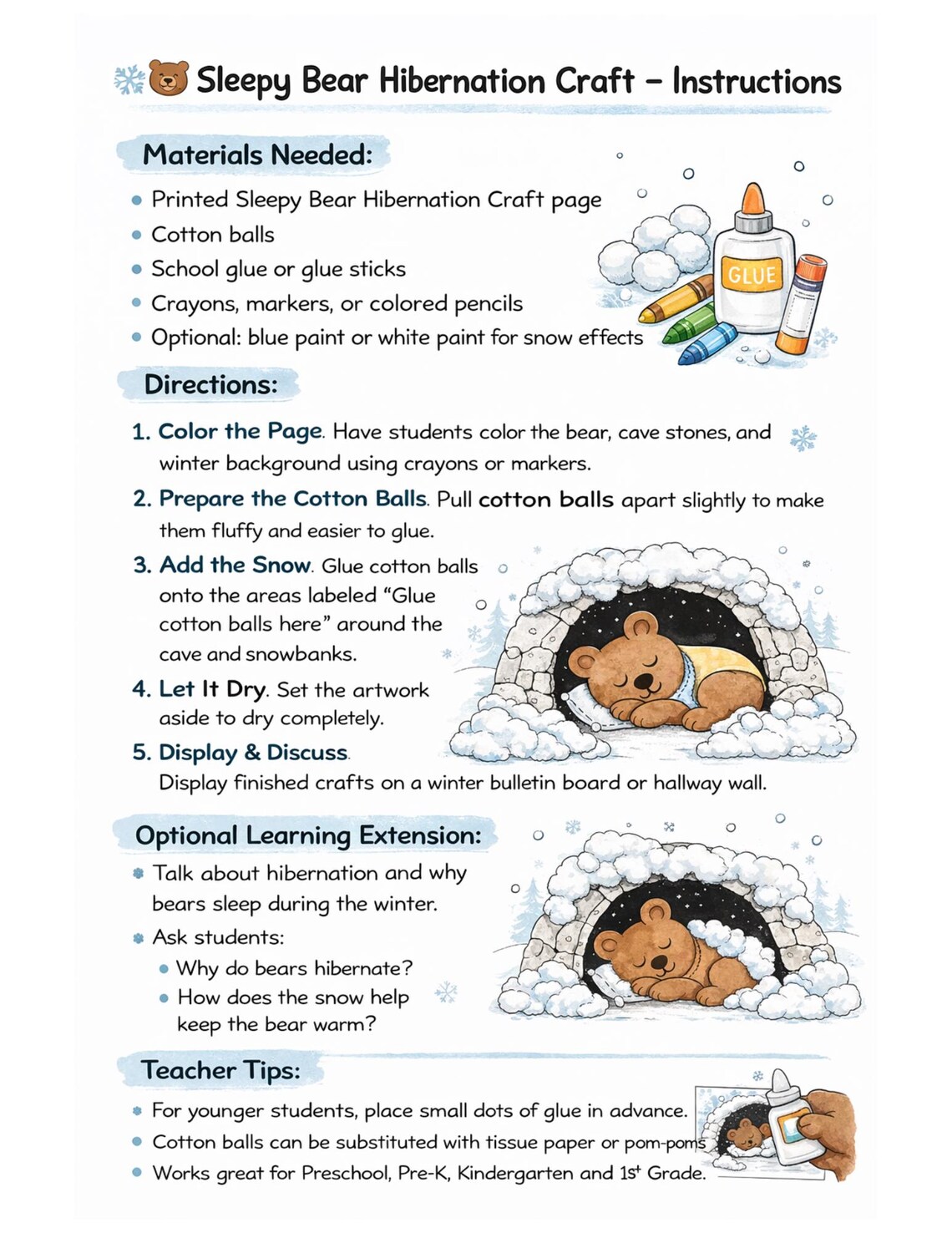 Sleepy Bear Hibernation Craft | Winter Animal Cotton Ball Art Activity ...
