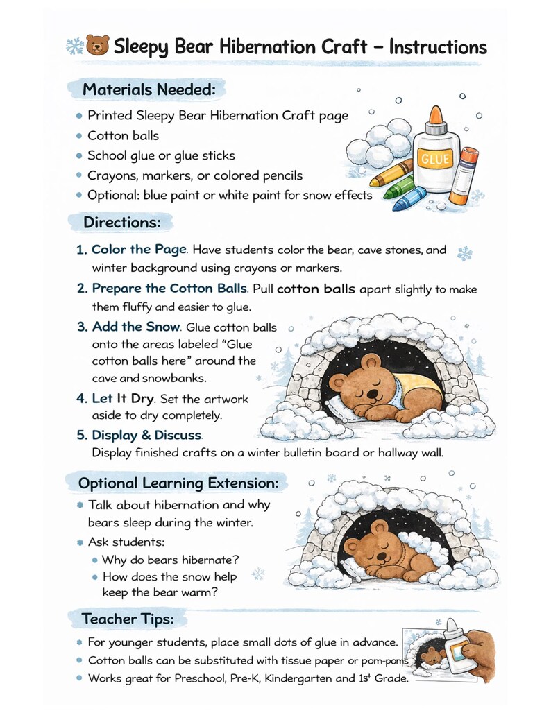 Sleepy Bear Hibernation Craft | Winter Animal Cotton Ball Art Activity ...