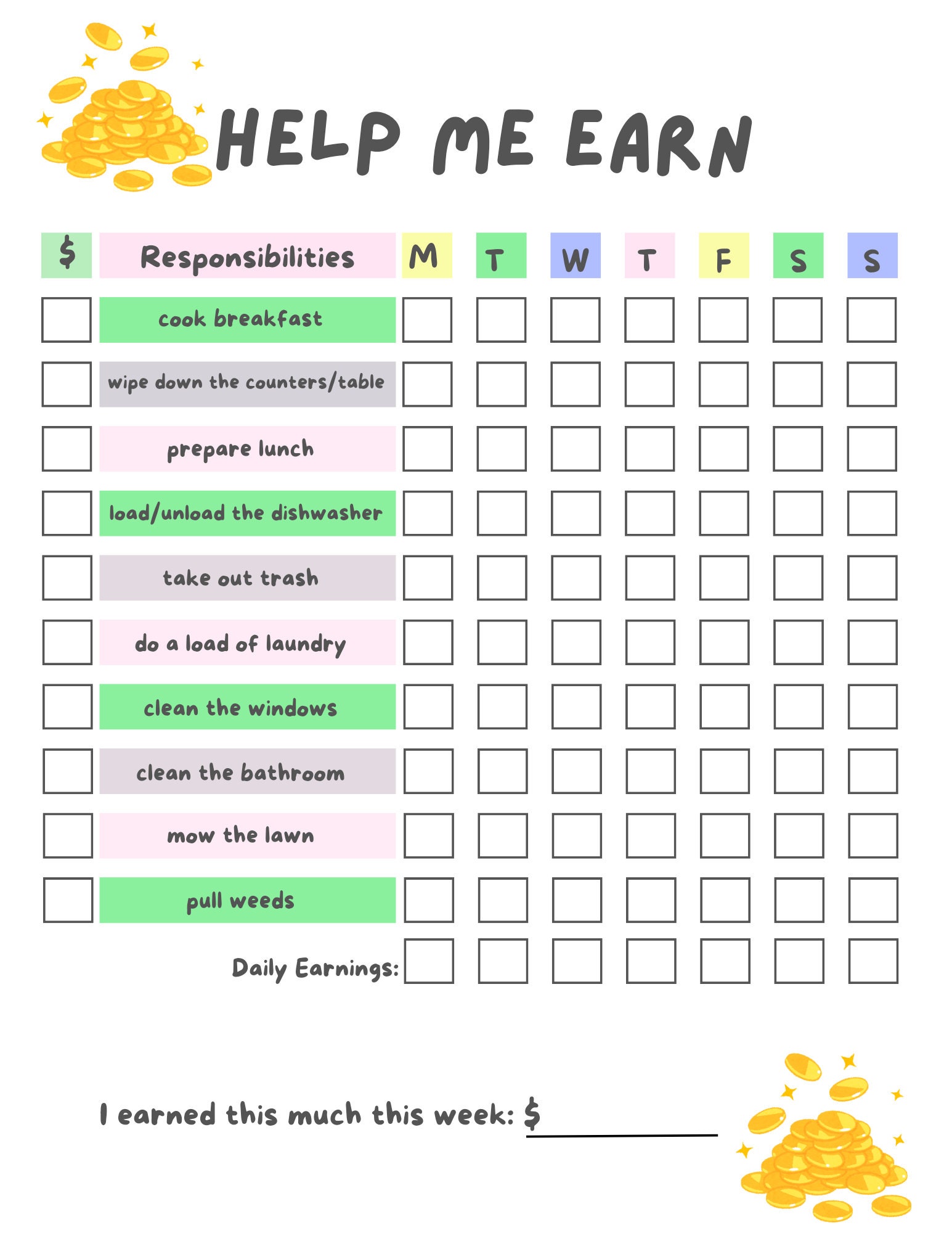 Help Me Earn Chore Chart. Kid's Chart. Money Chart. Children's Charts ...
