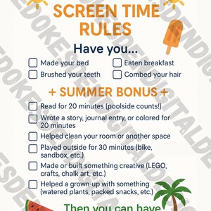 Summer Screen Time Checklist for Kids: Printable Summer Rules - Etsy