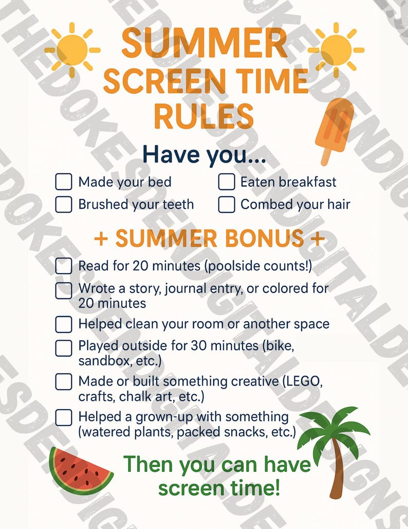 Summer Screen Time Checklist for Kids: Printable Summer Rules - Etsy