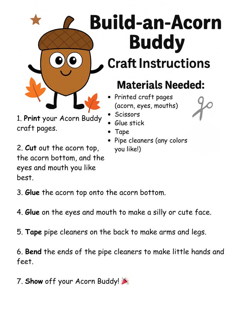 Printable Acorn Buddy Craft – Fun Fall Cut and Paste Activity for Kids ...