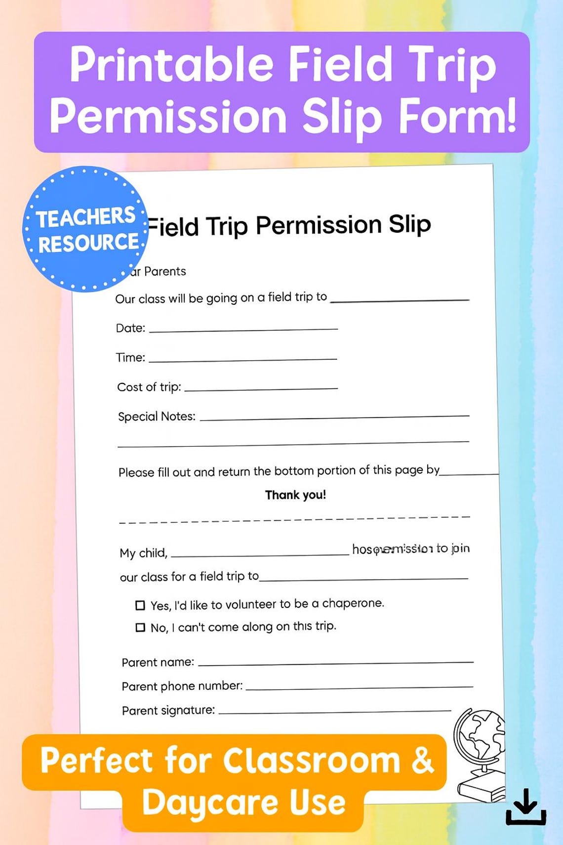 Printable Field Trip Permission Slip Form | Editable Classroom Parent ...