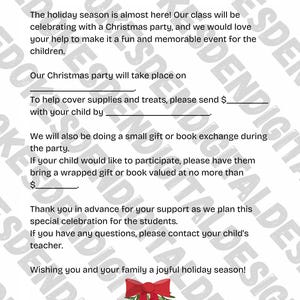 Christmas Classroom Party Parent Letter - Etsy