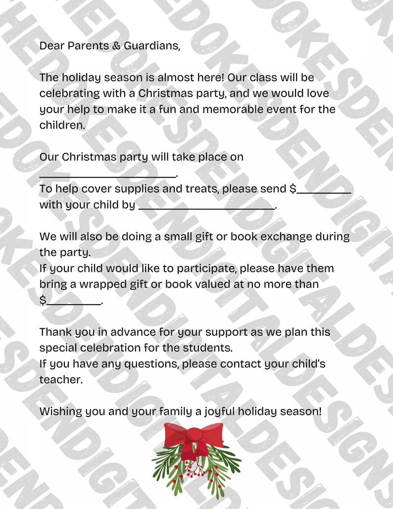 Christmas Classroom Party Parent Letter - Etsy