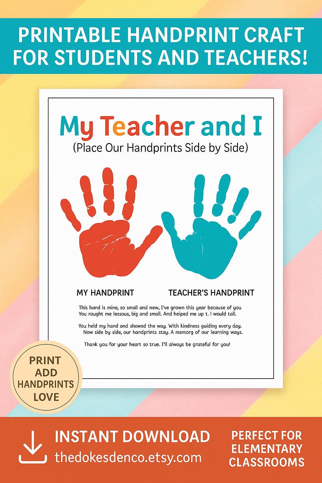 Teacher & Student Handprint Art | Together We Grew | Handprint Keepsake ...