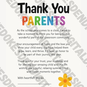 End of Year Parent Thank You – Heartfelt Printable Note - Etsy