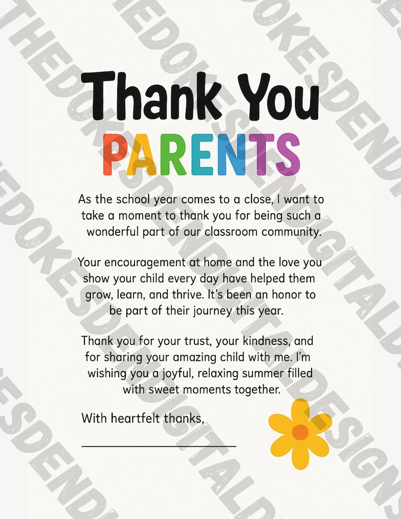 End of Year Parent Thank You – Heartfelt Printable Note - Etsy