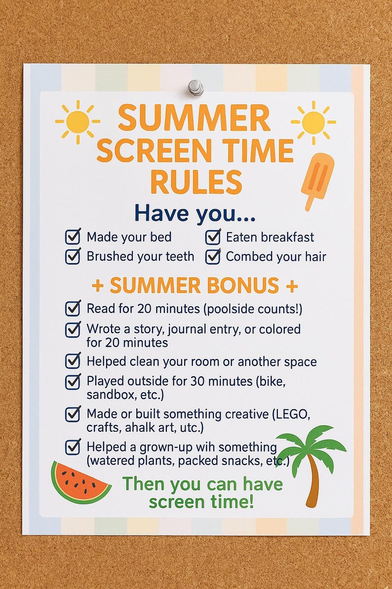 Summer Screen Time Checklist for Kids: Printable Summer Rules - Etsy