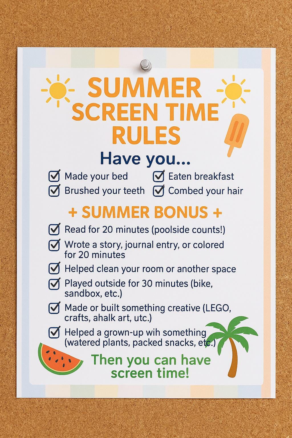 Summer Screen Time Checklist for Kids: Printable Summer Rules - Etsy