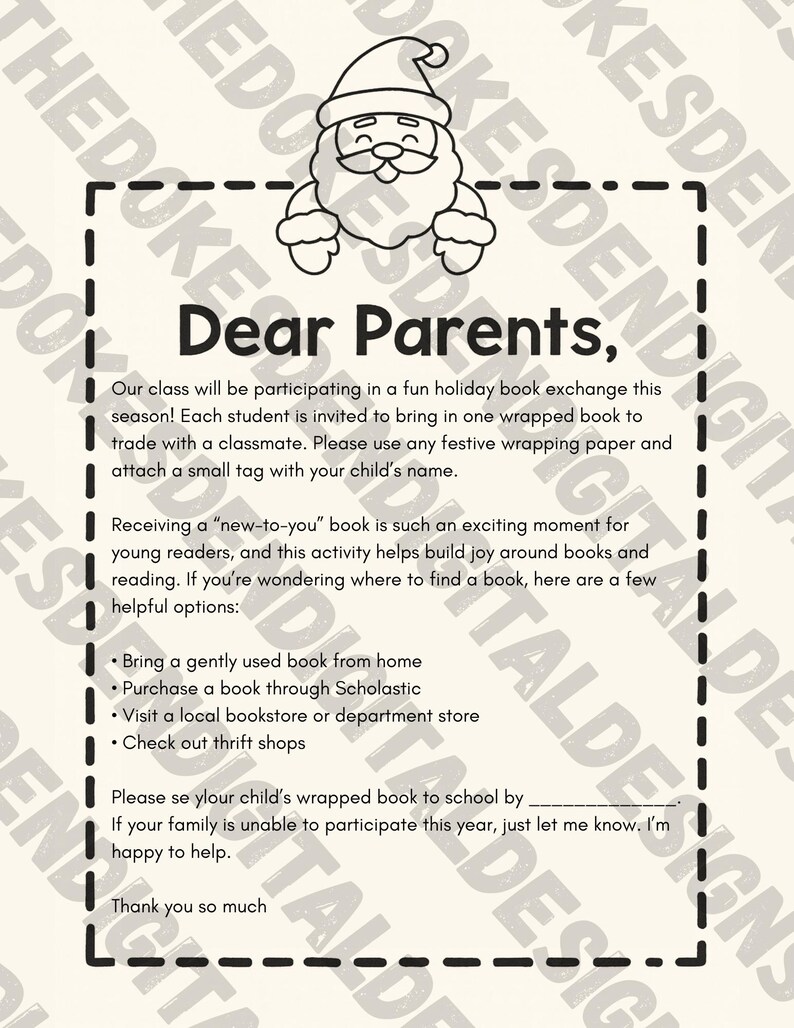 Christmas Book Exchange Parent Letter | Holiday Classroom Handout | No ...