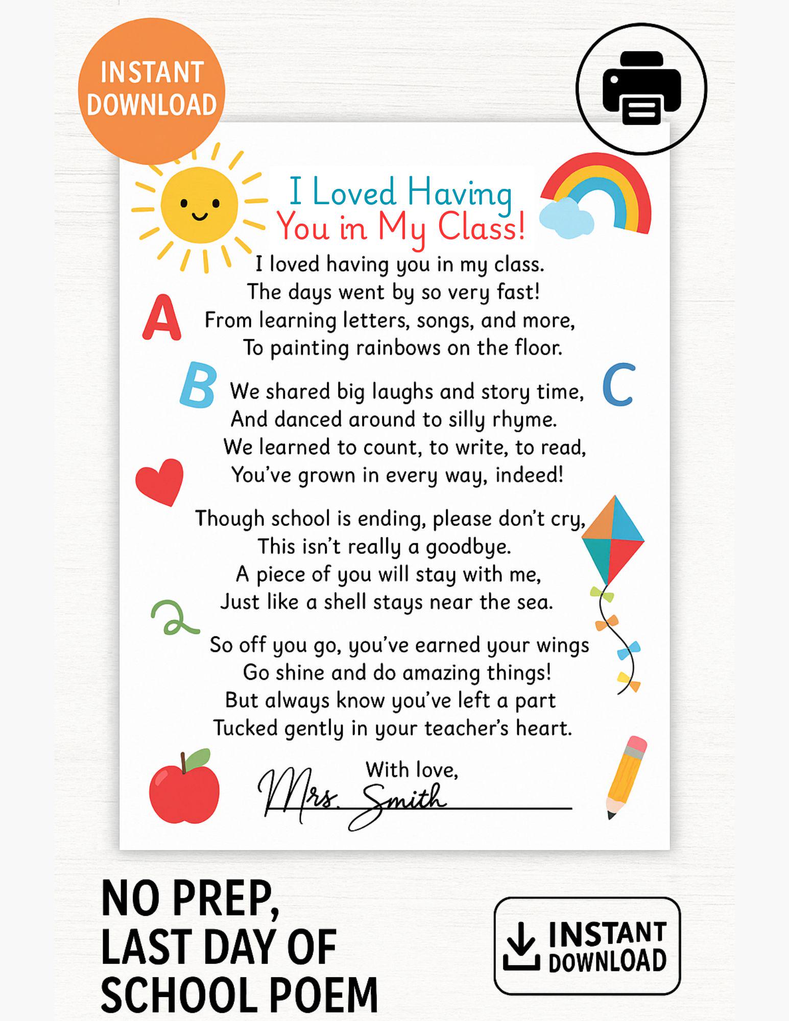 Teacher End of Year Poem – Printable Goodbye Gift (PDF Download) - Etsy