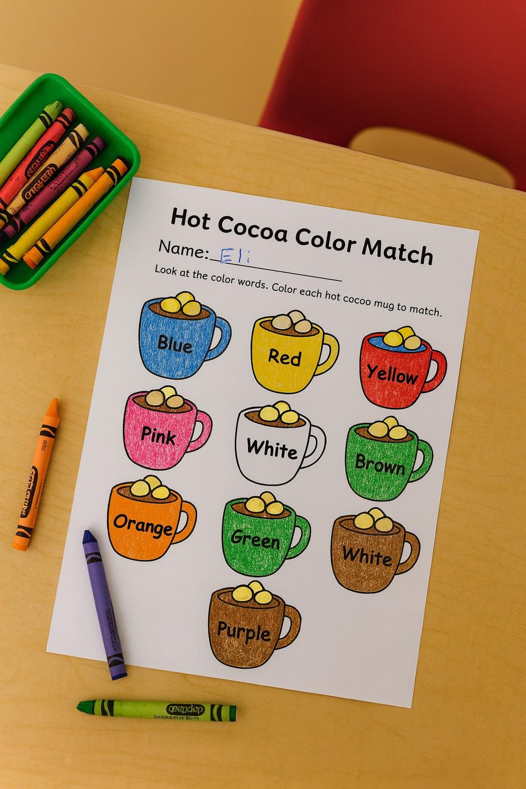 Hot Cocoa Color Match Worksheet | Winter Color Activity for Kids - Etsy