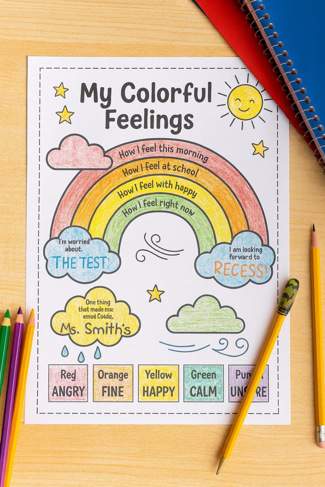Colorful Feelings Worksheet: Rainbow Emotions Check-in for Kids ...