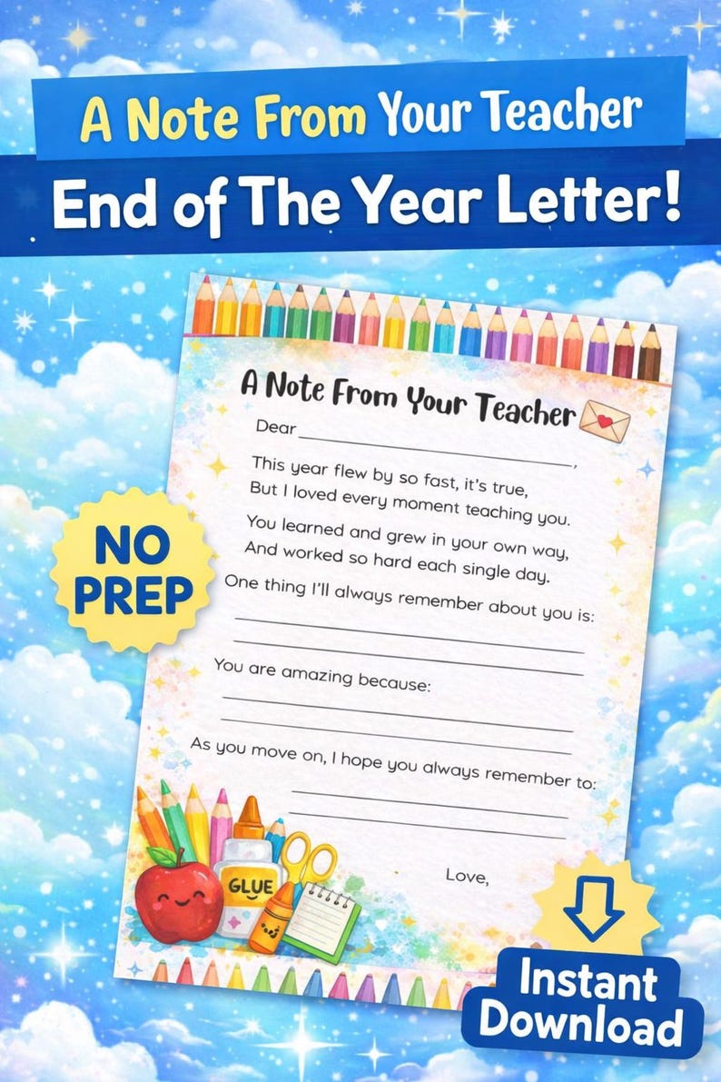 Teacher End of Year Letter Template | Printable Goodbye Note, Student ...