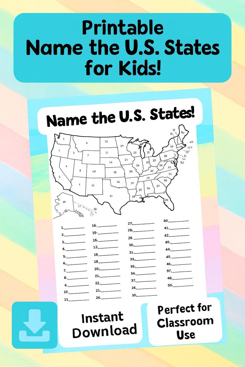 Printable U.S. States Map Quiz | Name the 50 States Worksheet for Kids ...