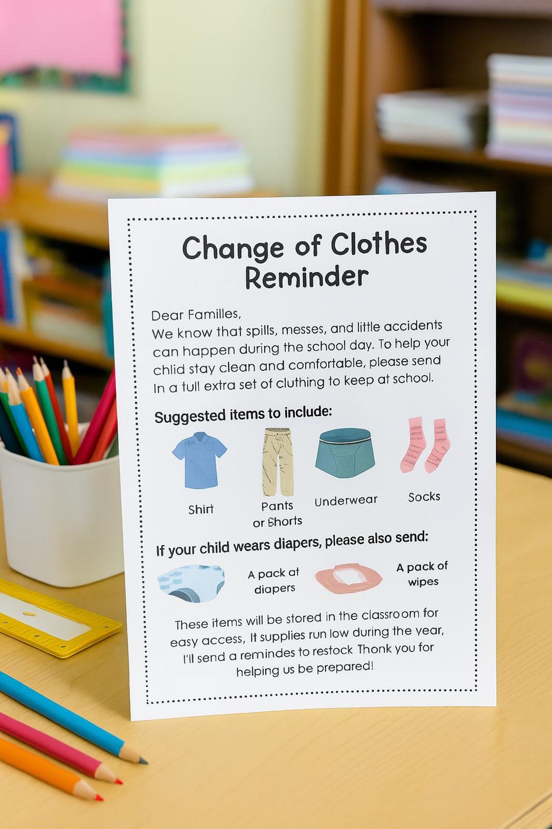 Change of Clothes Reminder Note for Teachers: Classroom Printable (PDF ...