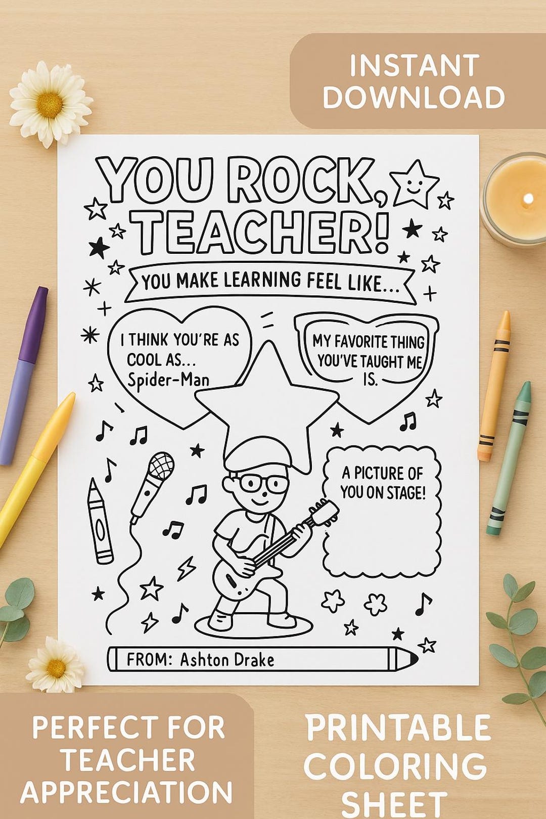Teacher Appreciation Printable Coloring Page "you Rock Teacher!" Thank ...