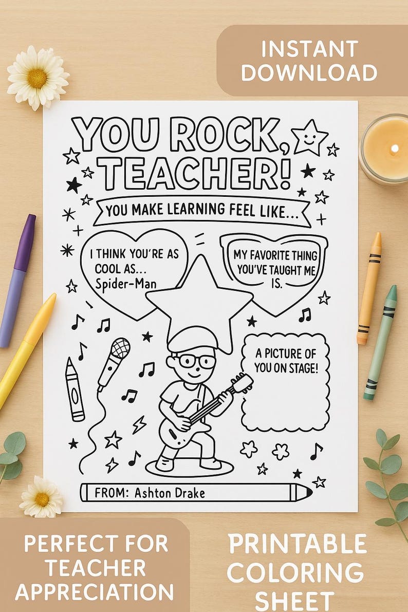 Teacher Appreciation Coloring Page: "you Rock Teacher!" (PDF) - Etsy