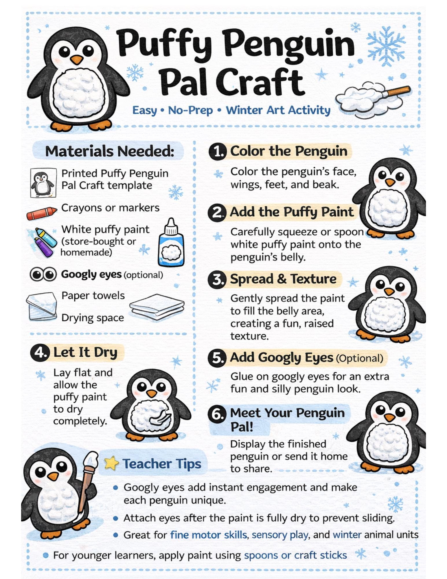 Puffy Penguin Pal Craft – No Prep Winter Art Activity for Kids - Etsy