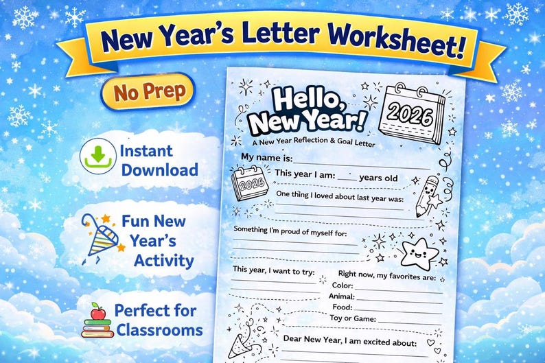 New Year’s Letter Writing Worksheet for Kids | No Prep 2026 Reflection ...