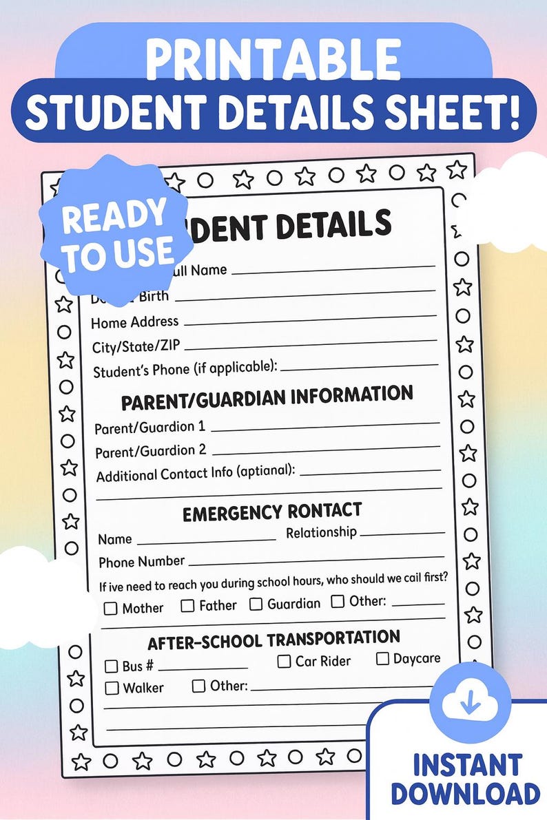 Printable Student Information Sheet: Teacher Emergency Contact Form ...