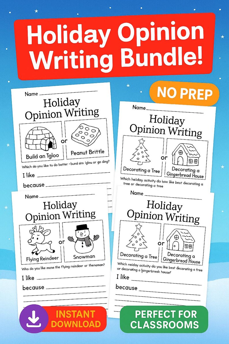 Holiday Opinion Writing Worksheets for Kids | No-prep Literacy Activity ...