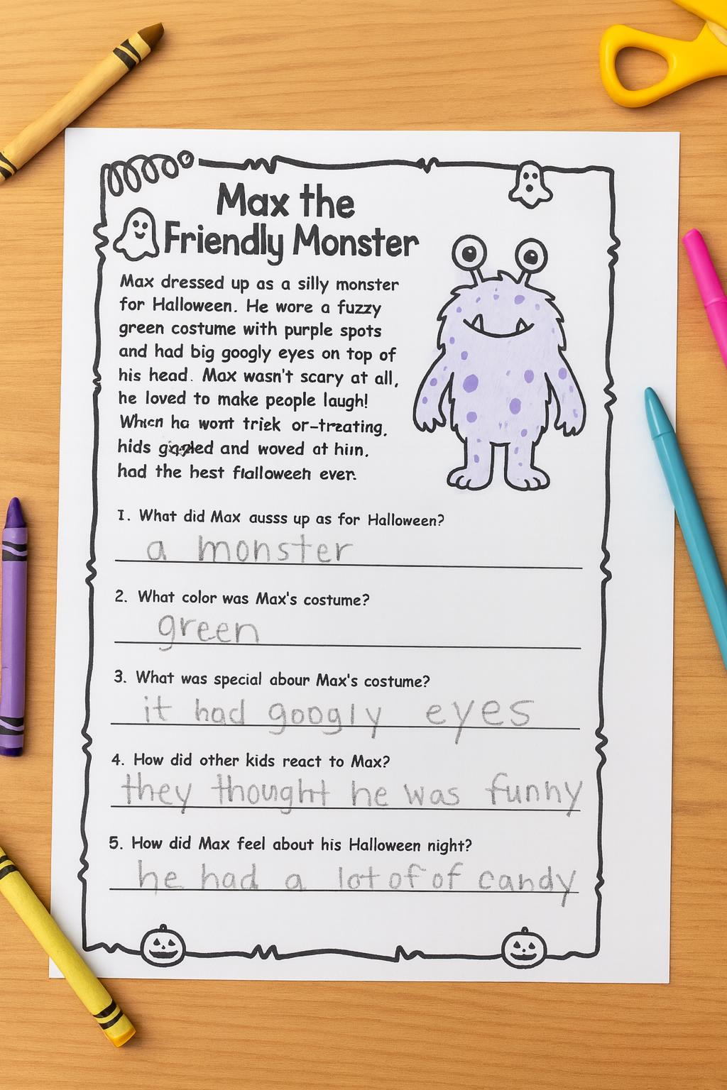 Halloween Reading Comprehension Worksheet | Fun Monster Story Activity ...