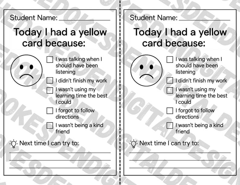Printable Yellow Card Behavior Slips: Classroom Management Notices (PDF ...