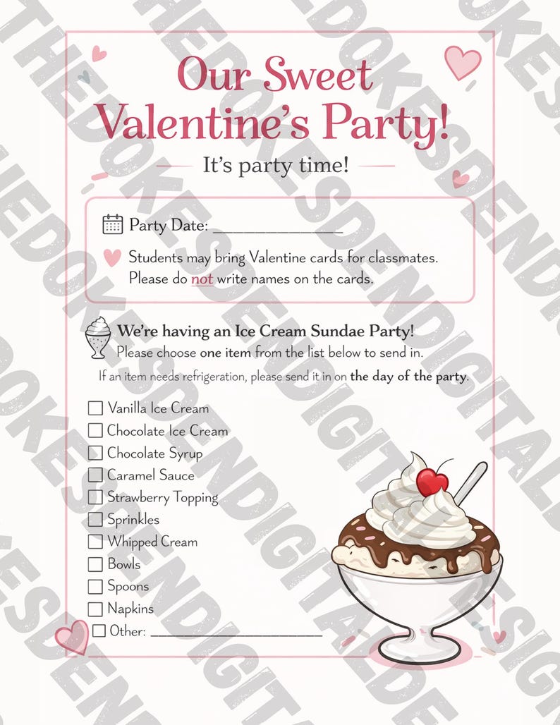 Valentine’s Day Ice Cream Sundae Party Handout for Classrooms - Etsy