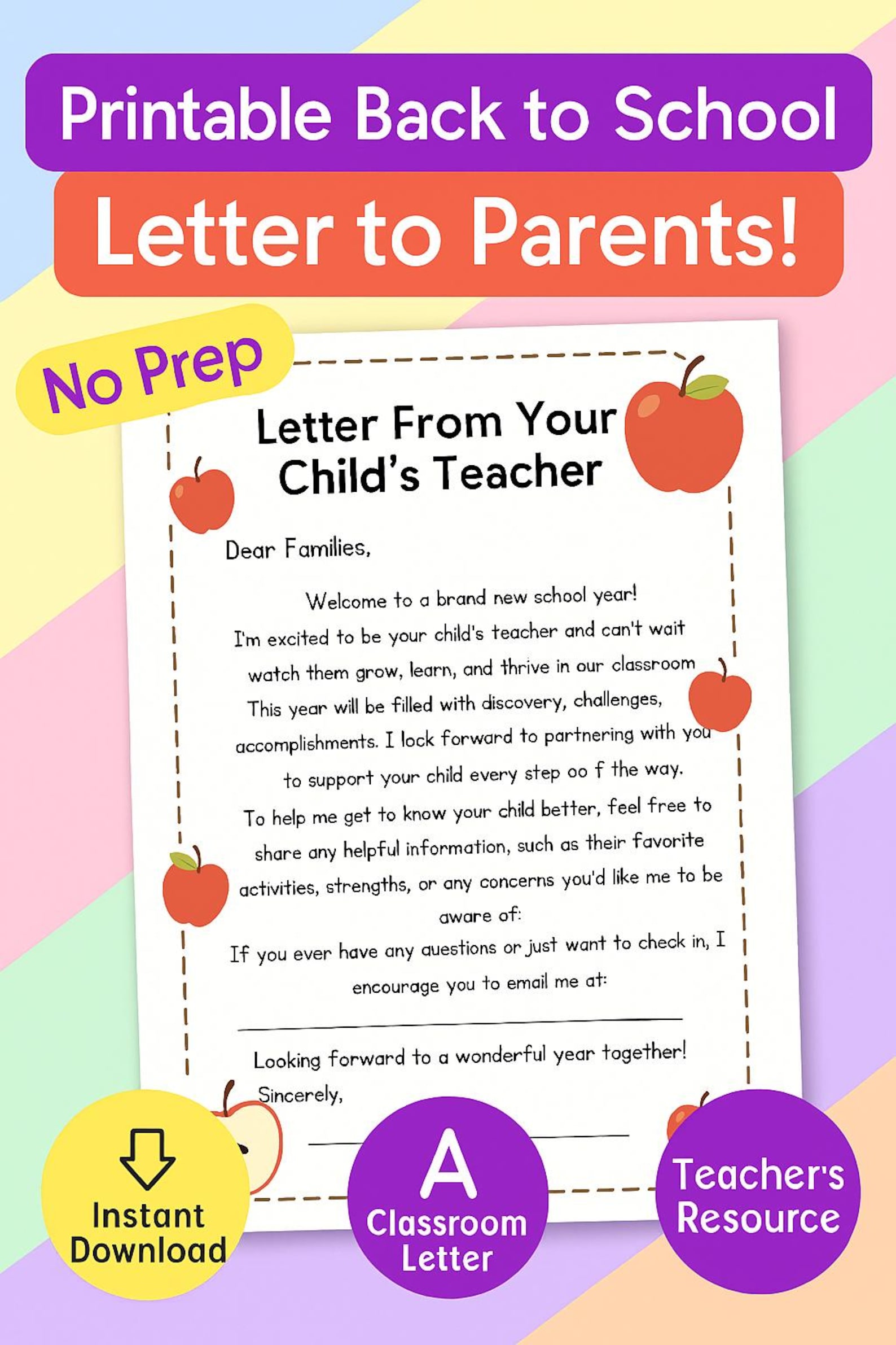Printable Welcome Letter to Parents: Back to School Teacher Note (PDF ...