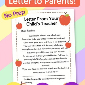 Printable Welcome Letter to Parents: Back to School Teacher Note (PDF ...