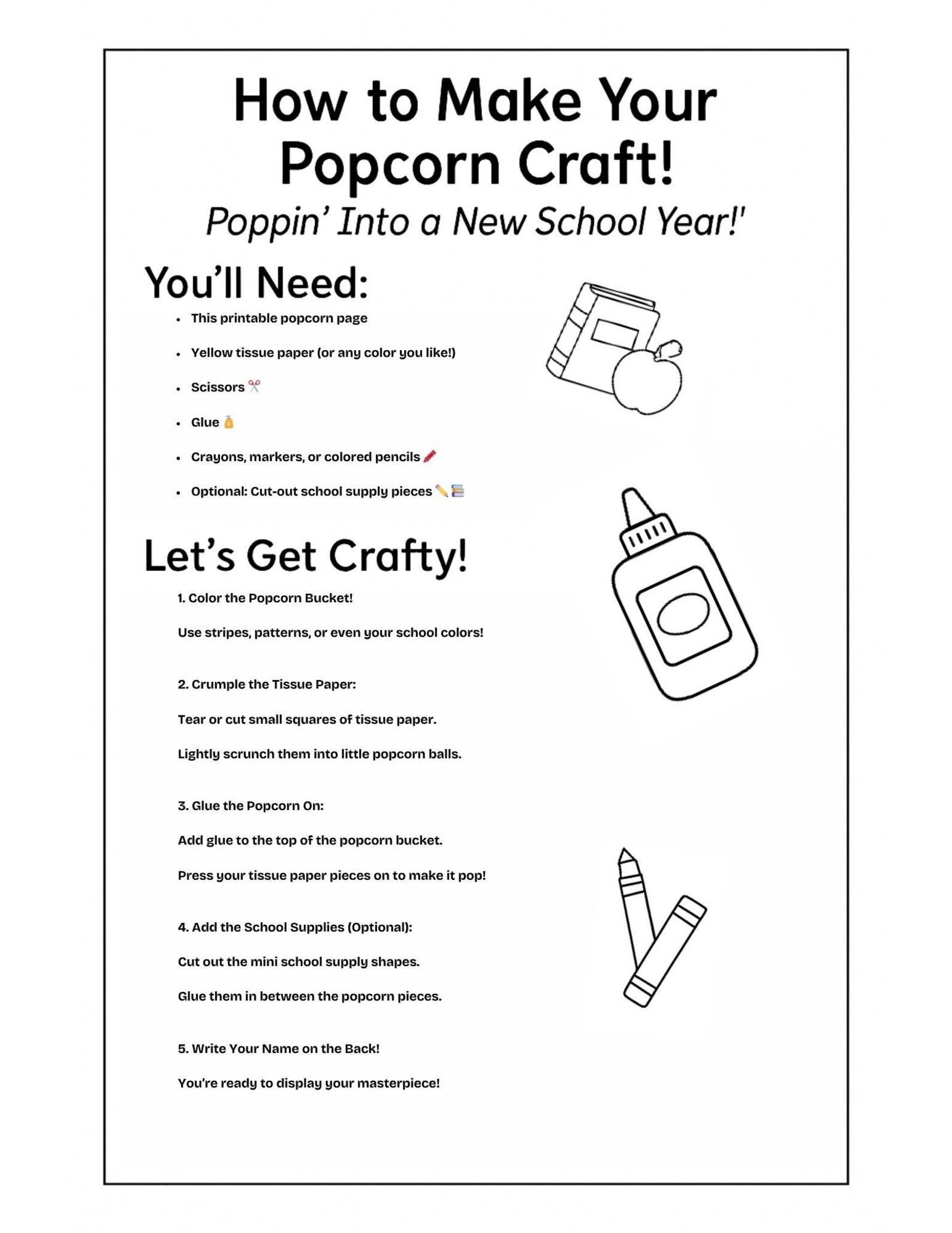 Back to School Popcorn Craft: Printable Activity for Kids (digital ...