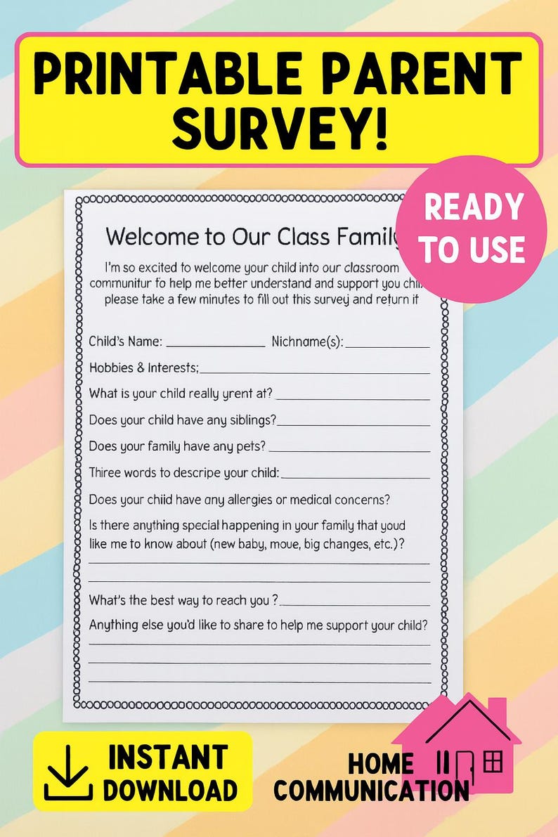 Printable Student Info Sheet: Back to School Parent Survey (PDF ...