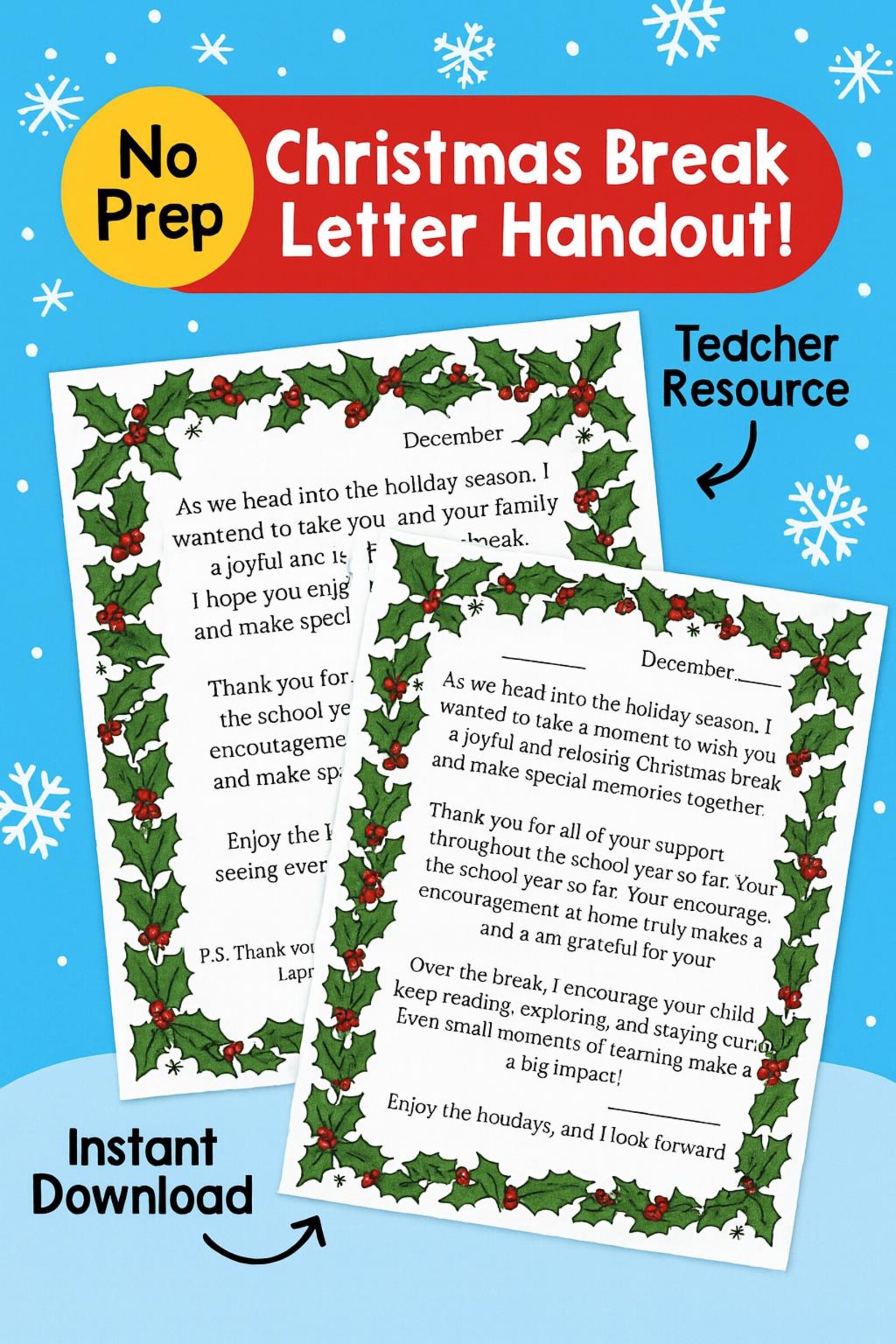 Christmas Break Letter to Families – Printable Holiday Teacher Note - Etsy